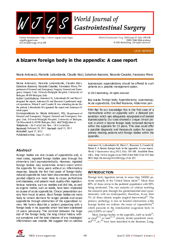 (PDF) A bizarre foreign body in the appendix: A case report