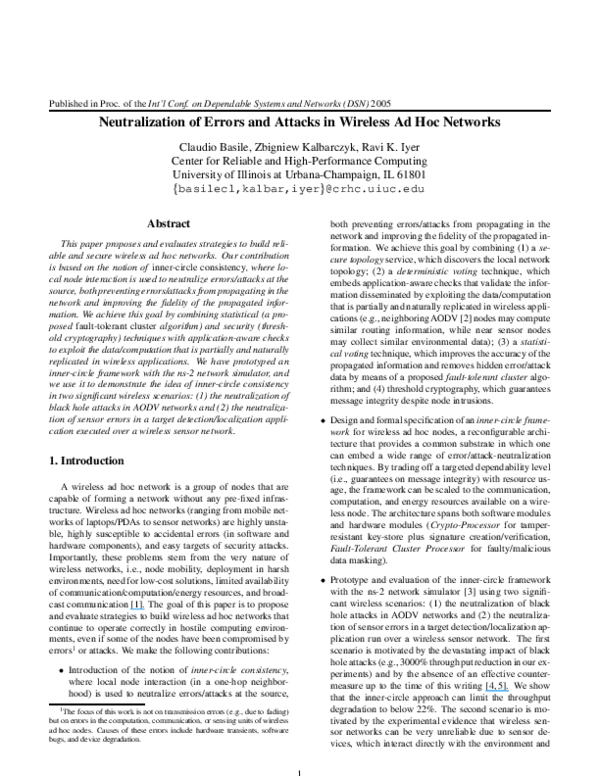 Pdf Neutralization Of Errors And Attacks In Wireless Ad Hoc Networks