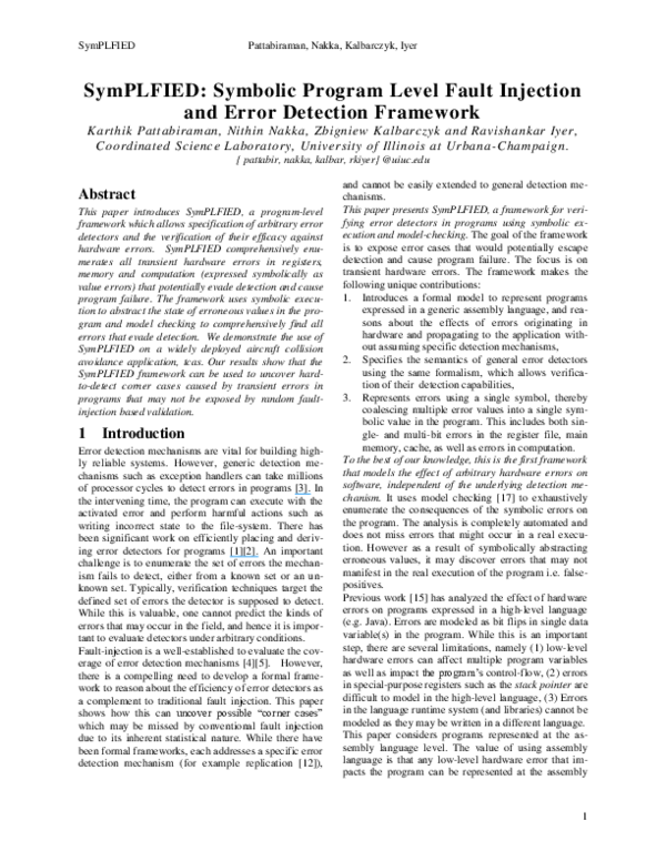 Pdf Symplfied Symbolic Program Level Fault Injection And Error Detection Framework