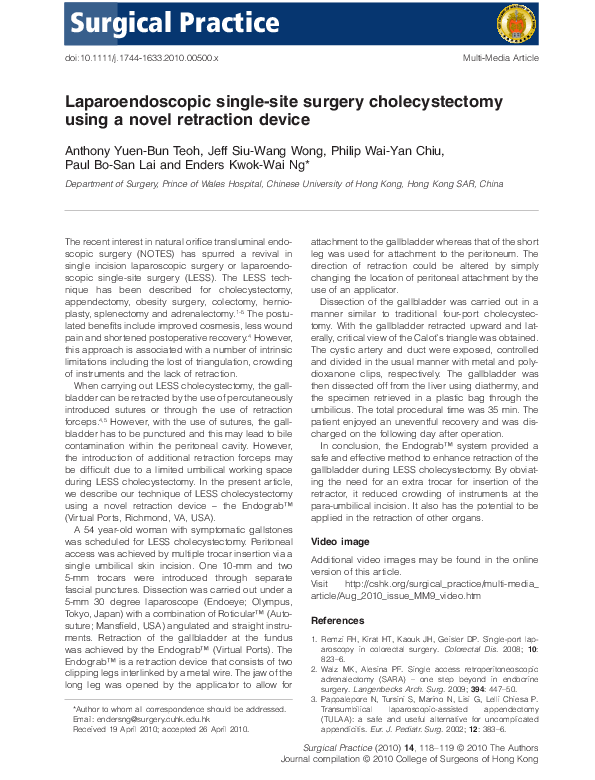 (PDF) Laparoendoscopic single-site surgery cholecystectomy using a novel retraction device