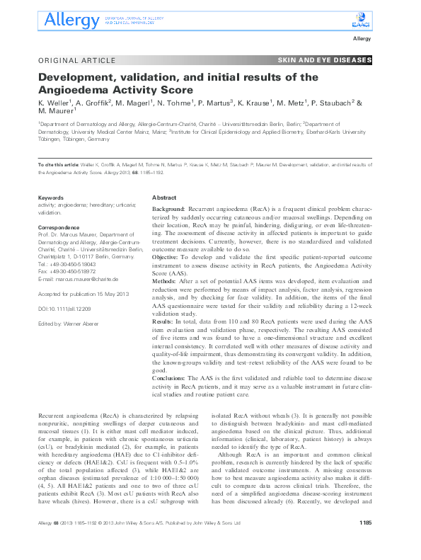 (PDF) Development, validation, and initial results of the Angioedema ...