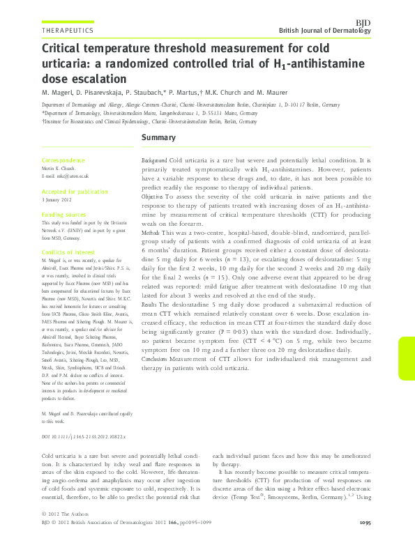 (PDF) Critical temperature threshold measurement for cold urticaria: a ...