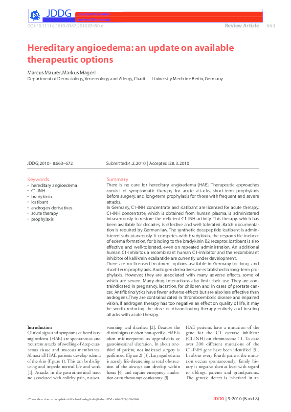(PDF) Hereditary angioedema: an update on available therapeutic options