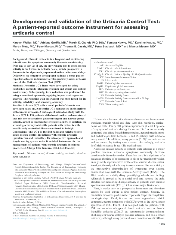 (PDF) Development and validation of the Urticaria Control Test: A ...