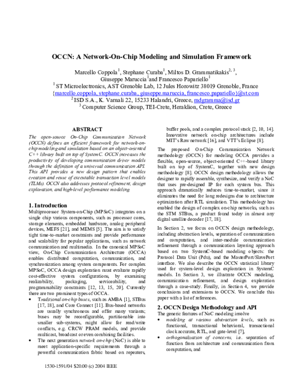 Pdf Occn A Network On Chip Modeling And Simulation Framework Marcello Coppola