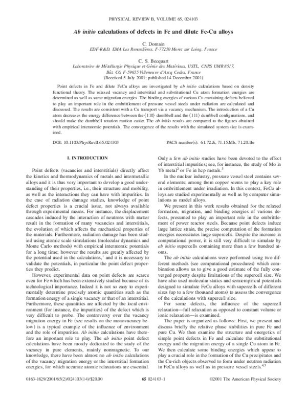 (PDF) Ab initio calculations of defects in Fe and dilute Fe-Cu alloys