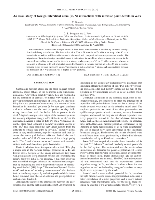 (PDF) Ab initio study of foreign interstitial atom (C, N) interactions with intrinsic point ...