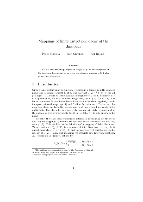 (PDF) Mappings of Finite Distortion: Decay of the Jacobian