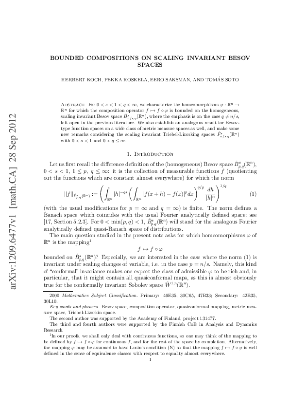 (PDF) Bounded compositions on scaling invariant Besov spaces