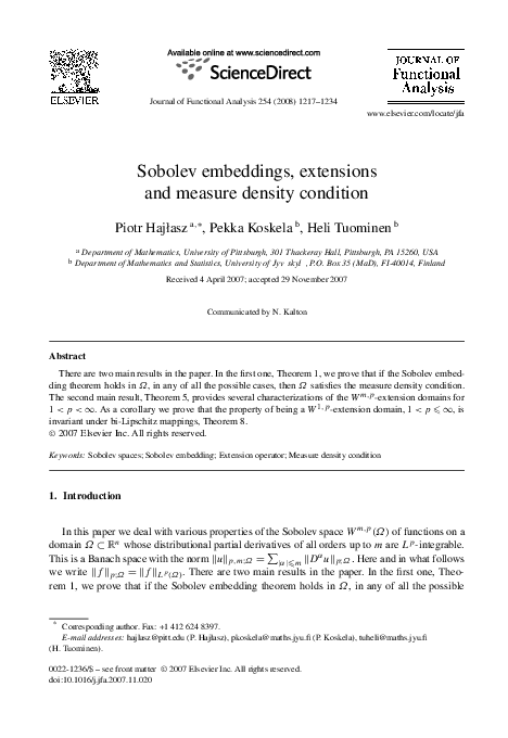 (PDF) Sobolev embeddings, extensions and measure density condition