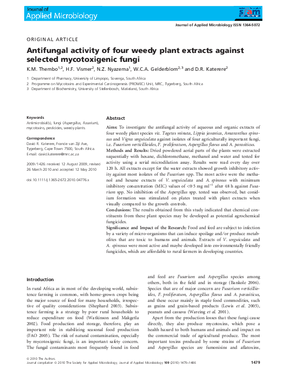 (PDF) Antifungal activity of four weedy plant extracts against selected mycotoxigenic fungi