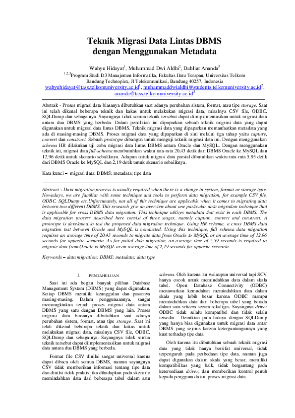 (PDF) Teknik Migrasi Data Lintas DBMS dengan Menggunakan Metadata