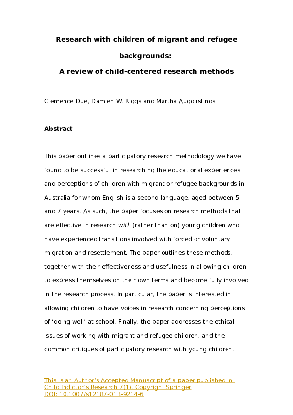 (DOC) Research with children of migrant and refugee backgrounds: A ...