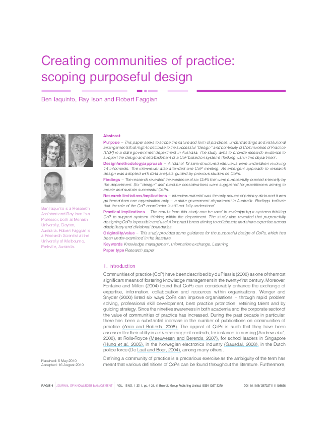 (PDF) Creating communities of practice: scoping purposeful design