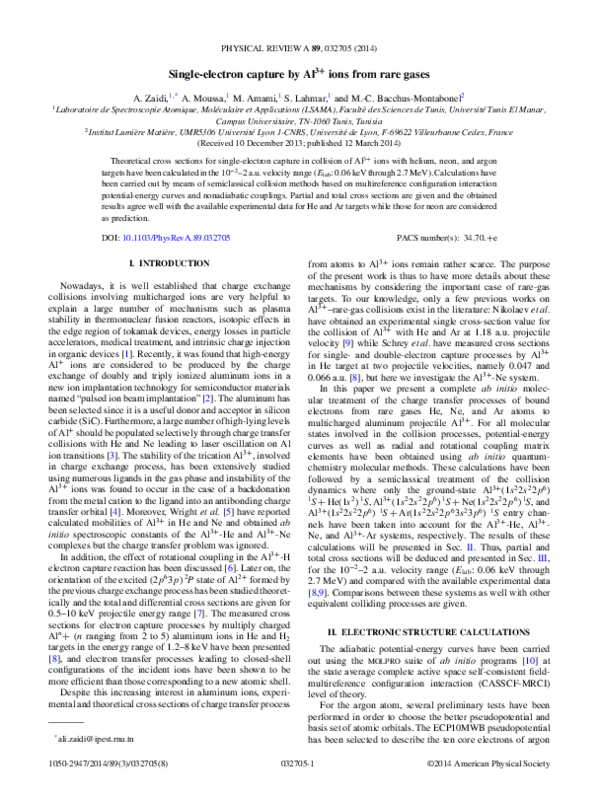 (PDF) Single-electron capture by Al 3 + ions from rare gases