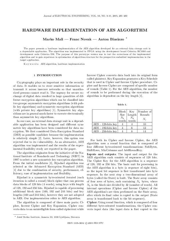 Pdf Hardware Implementation Of Aes Algorithm Franc Novak
