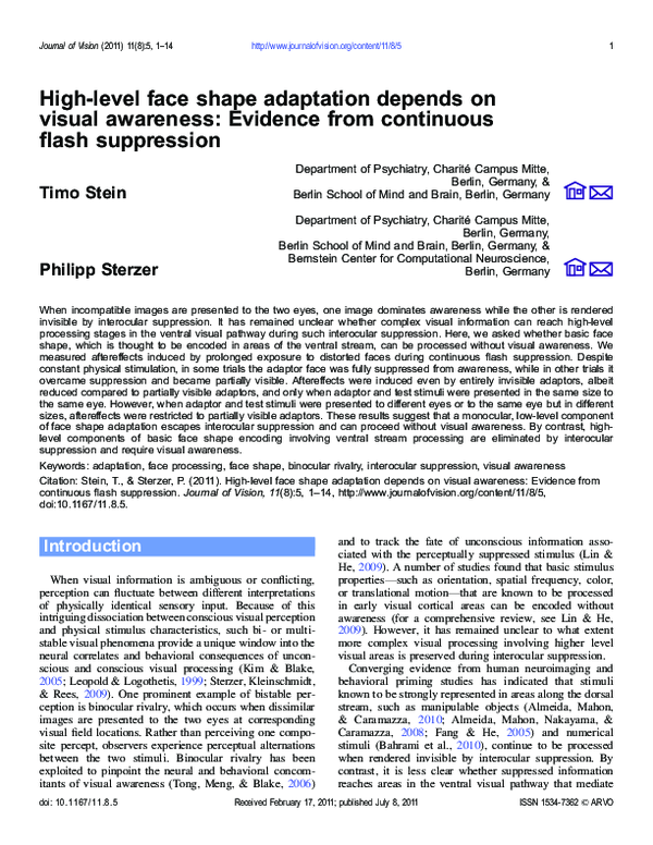 (PDF) High-level face shape adaptation depends on visual awareness: Evidence from continuous ...