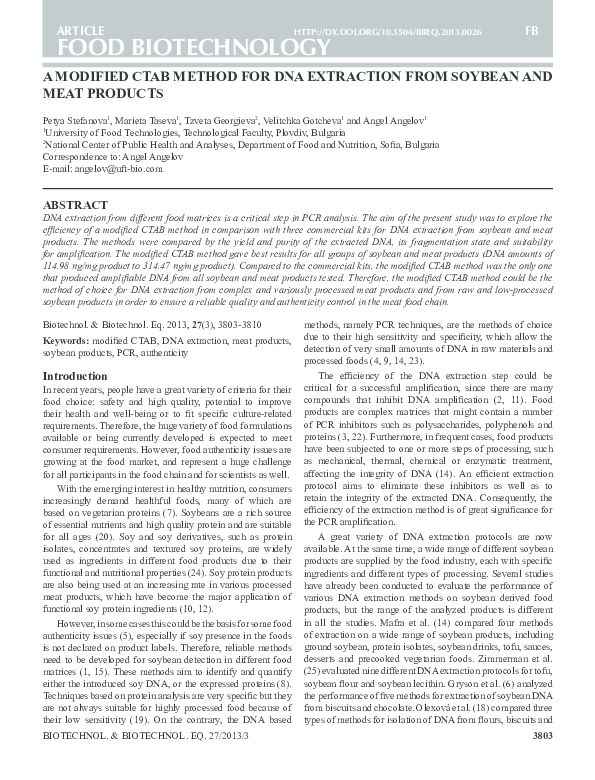 Pdf A Modified Ctab Method For Dna Extraction From Soybean And Meat Products