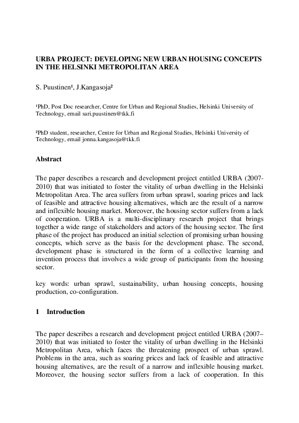 (PDF) URBA project: developing new urban housing concepts in the ...