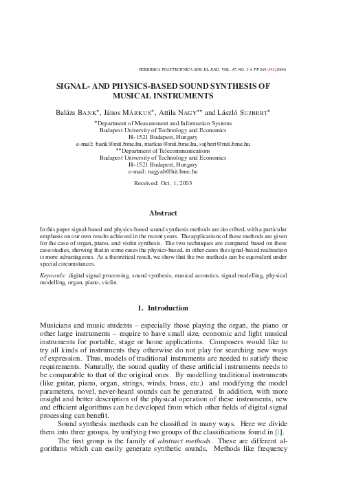 (PDF) SIGNAL- AND PHYSICS-BASED SOUND SYNTHESIS OF MUSICAL INSTRUMENTS