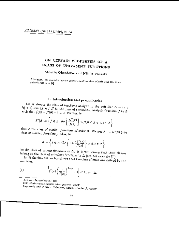 Pdf On Certain Properties Of A Class Of Univalent Functions