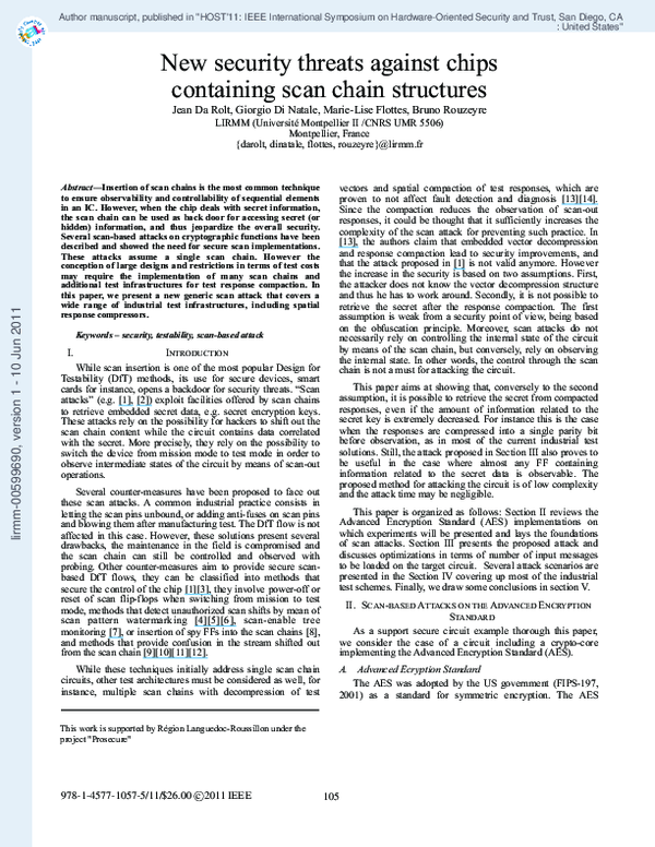 (PDF) New security threats against chips containing scan chain structures