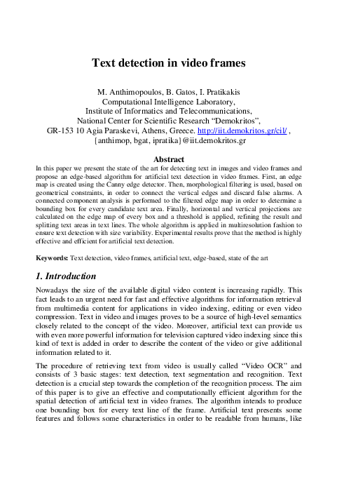 Pdf Text Detection In Video Frames Ioannis Pratikakis