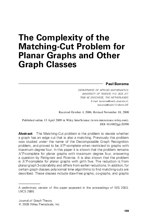 Pdf The Complexity Of The Matching Cut Problem For Planar Graphs And Other Graph Classes