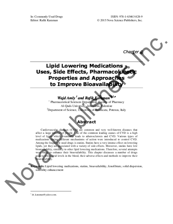 (PDF) LIPID LOWERING MEDICATIONS- USES, SIDE EFFECTS, PHARMACOKINETIC ...