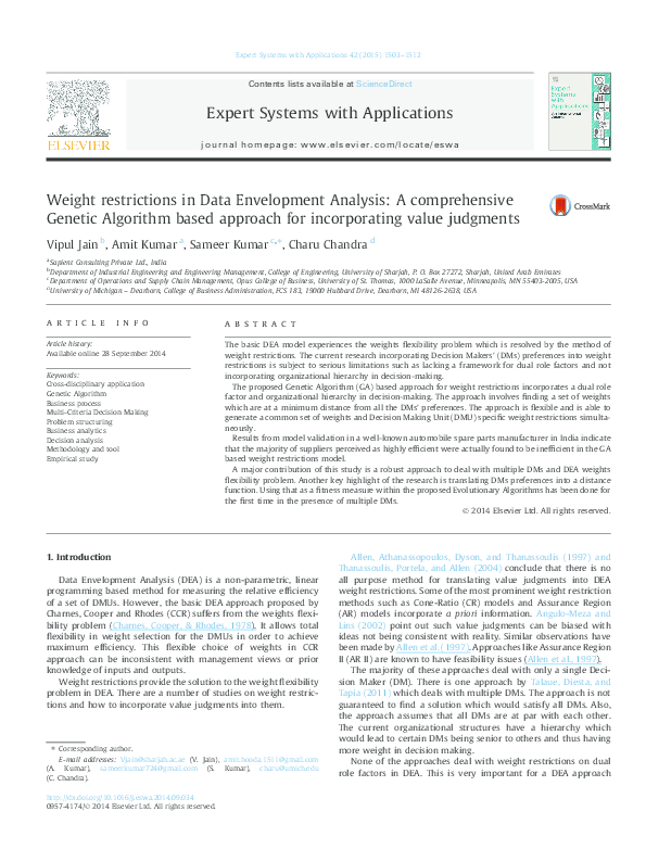 (PDF) Weight restrictions in Data Envelopment Analysis: A comprehensive Genetic Algorithm based ...