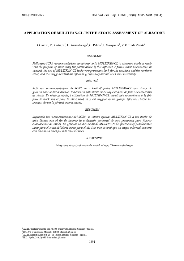 (PDF) APPLICATION OF MULTIFAN-CL IN THE STOCK ASSESSMENT OF ALBACORE