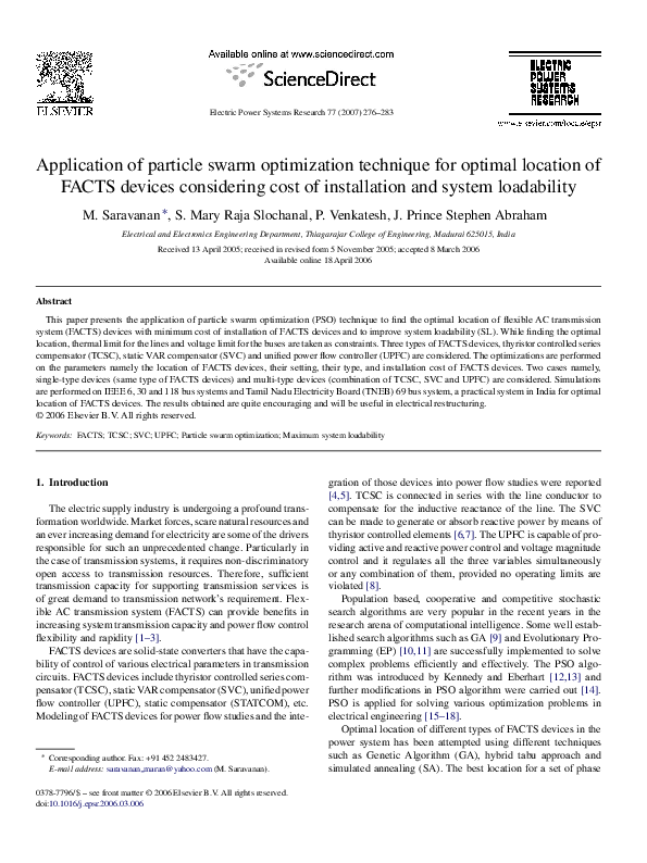 Pdf Application Of Particle Swarm Optimization Technique For Optimal Location Of Facts Devices
