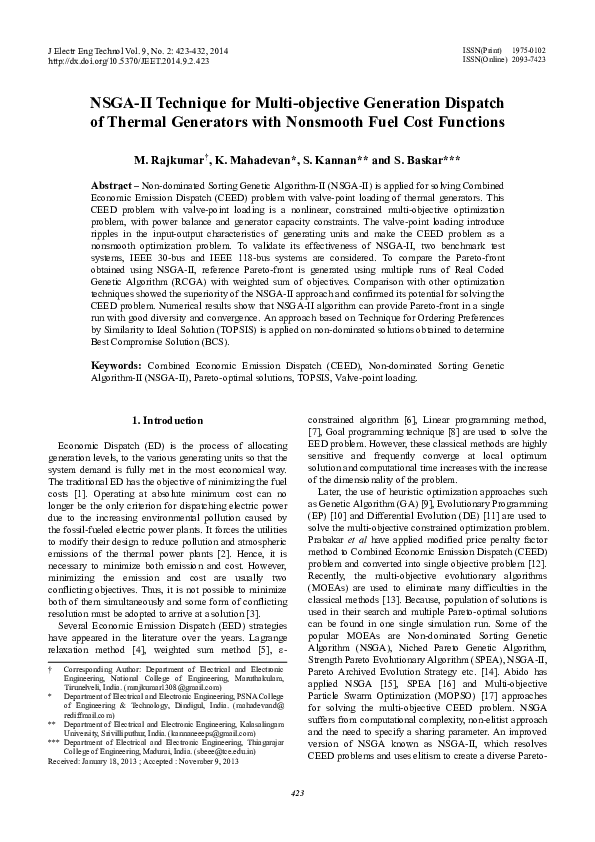 (PDF) NSGA-II Technique for Multi-objective Generation Dispatch of Thermal Generators with ...