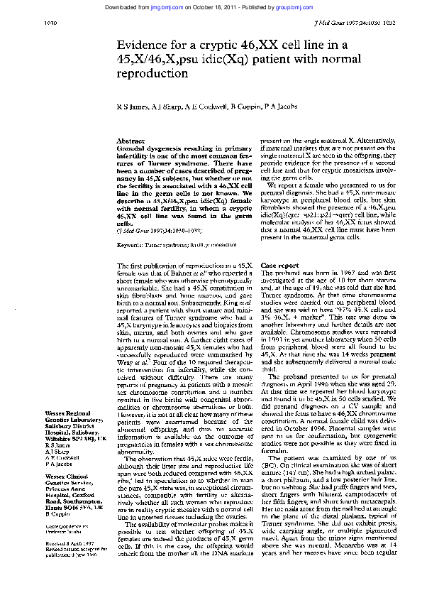 (PDF) Evidence for a cryptic 46,XX cell line in a 45,X/46,X,psu idic(Xq ...