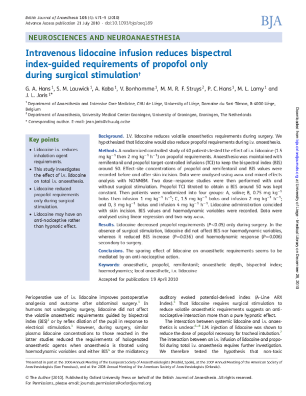 (PDF) Intravenous lidocaine infusion reduces bispectral index-guided requirements of propofol ...