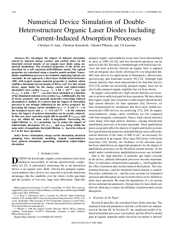 (PDF) Numerical Device Simulation of Double-Heterostructure Organic Laser Diodes Including ...