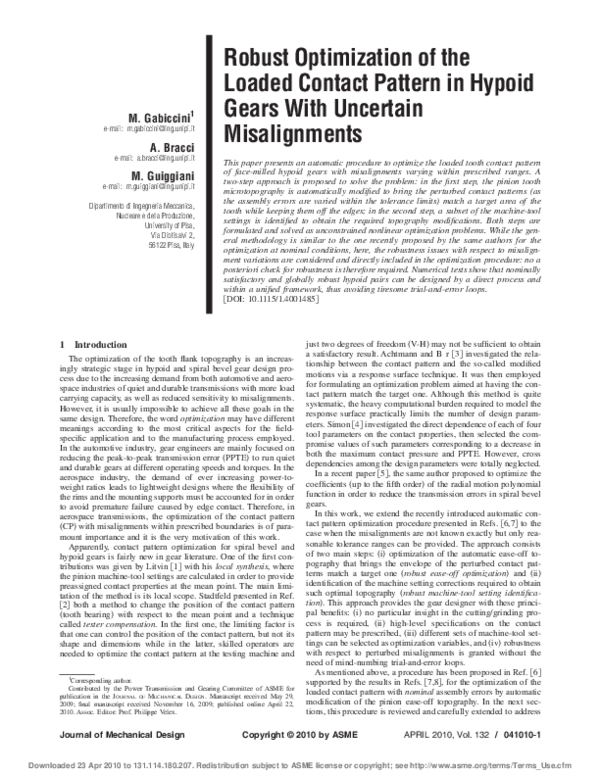 (PDF) Robust Optimization of the Loaded Contact Pattern in Hypoid Gears With Uncertain Misalignments