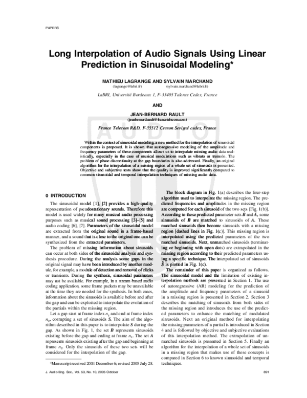 (PDF) Long Interpolation of Audio Signals Using Linear Prediction in Sinusoidal Modeling