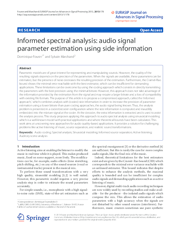(PDF) Informed spectral analysis: audio signal parameter estimation using side information