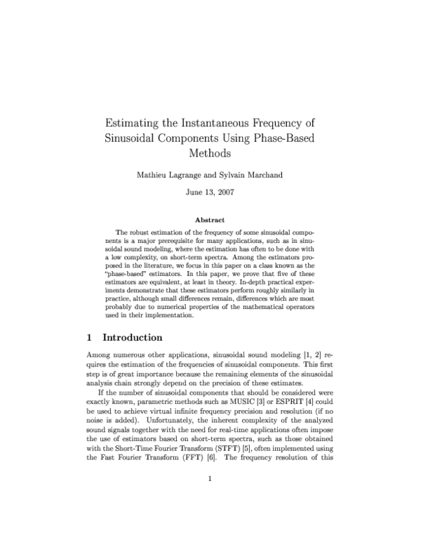 (PDF) Estimating the Instantaneous Frequency of Sinusoidal Components Using Phase-Based Methods