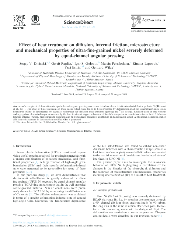 (PDF) Effect of heat treatment on diffusion, internal friction ...