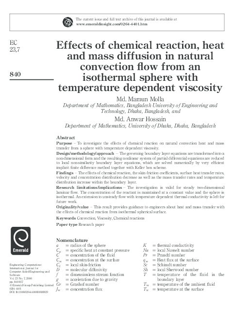 (PDF) Effects of chemical reaction, heat and mass diffusion in natural convection flow from an ...