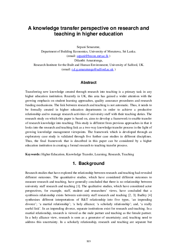 (PDF) A knowledge transfer perspective on research and teaching in ...