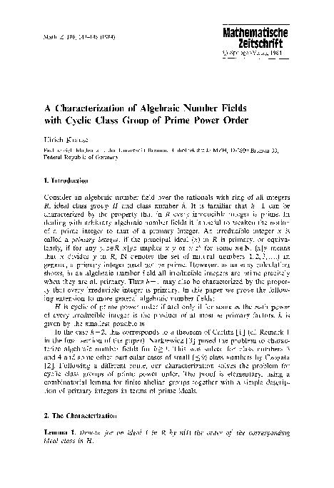 (PDF) A characterization of algebraic number fields with cyclic class group of prime power order
