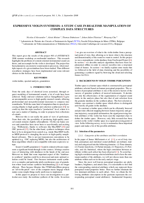 (PDF) EXPRESSIVE VIOLIN SYNTHESIS: A STUDY CASE IN REALTIME MANIPULATION OF COMPLEX DATA STRUCTURES