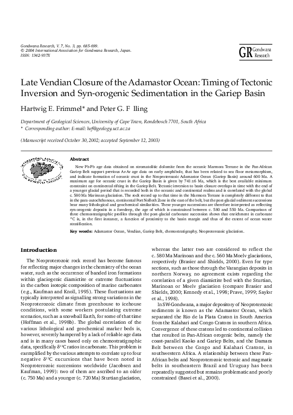 (PDF) Late Vendian Closure of the Adamastor Ocean: Timing of Tectonic ...
