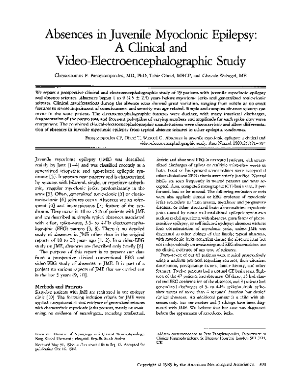 (PDF) Absences in juvenile myoclonic epilepsy: A clinical and video ...