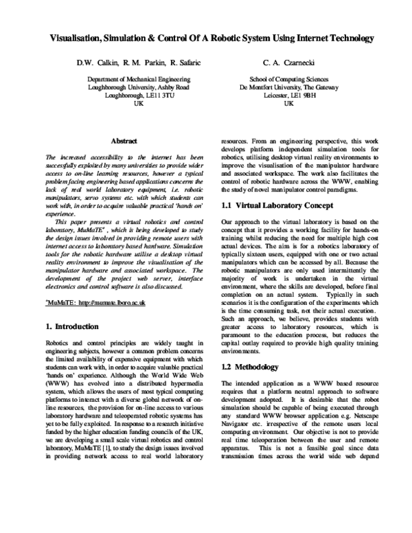 Pdf Visualisation Simulation And Control Of A Robotic System Using Internet Technology Riko