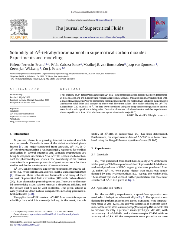 (PDF) Solubility of Δ9-tetrahydrocannabinol in supercritical carbon dioxide: Experiments and ...
