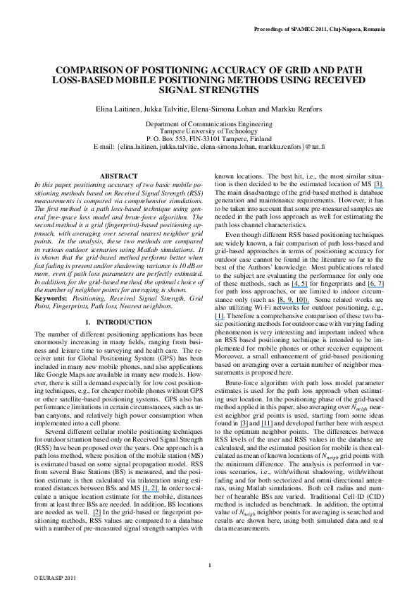 Pdf Comparison Of Positioning Accuracy Of Grid And Path Loss Based